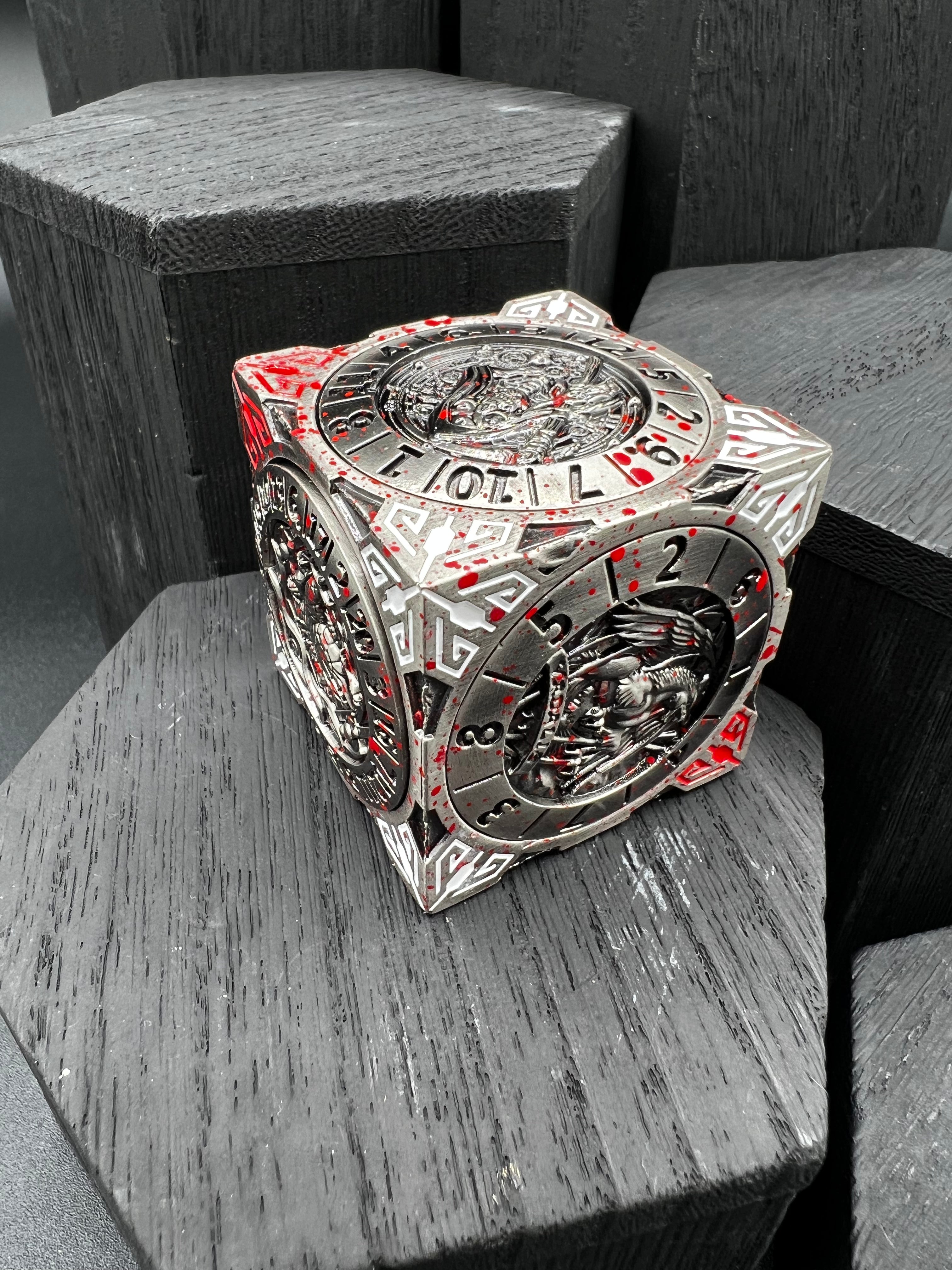 Cube Spinner - Silver with Blood Splatter – Sorensen's Precision Diceworks