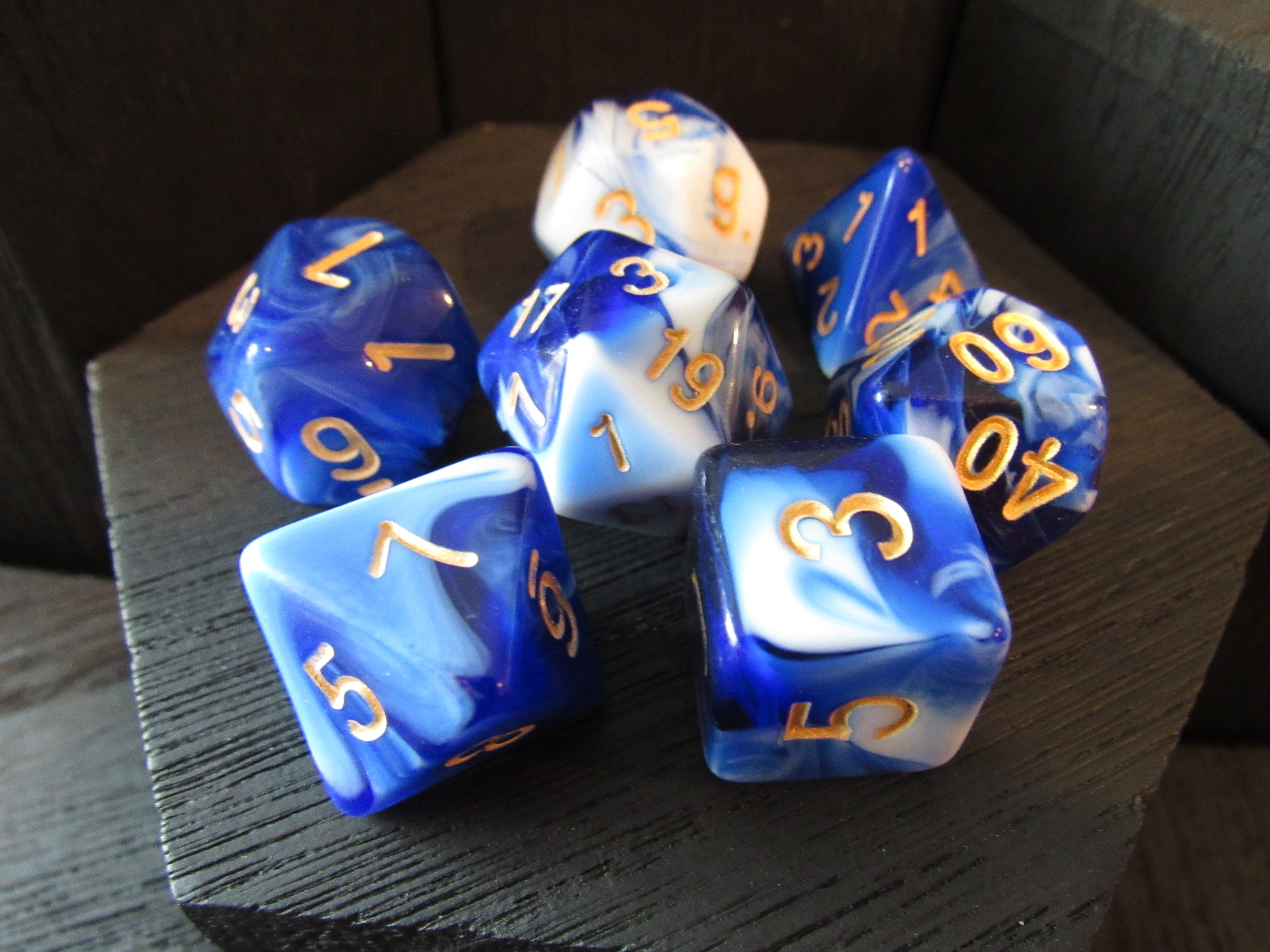 Iced Sea Acrylic Dice - Blue and White with Gold Font – Sorensen's ...