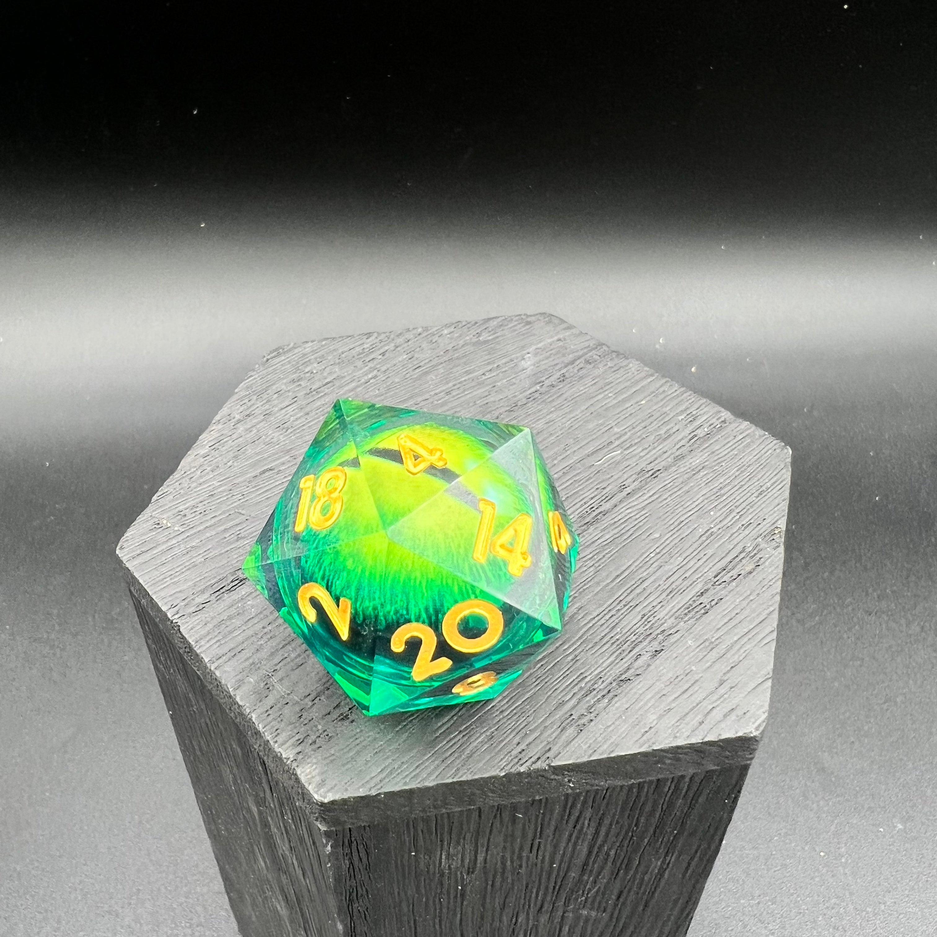 Green Dragon Eye Liquid Core Large D20 – Sorensen's Precision Diceworks